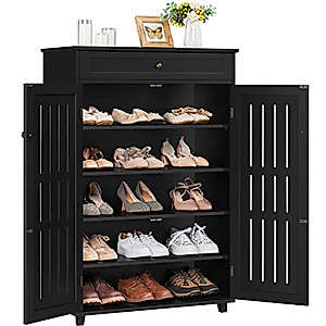 Yaheetech Shoe Cabinet, 5-Tier Shoe Rack Organizer with 1 Drawer, Freestanding Wooden Shoe Storage Cabinet with 2 Louvered Door & Adjustable Shelves for Entryway Hallway, Black