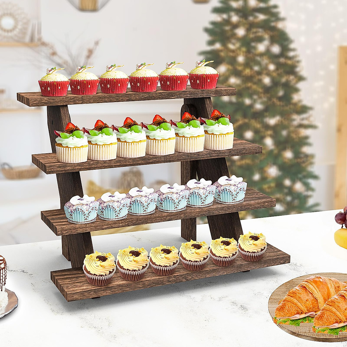 Fumingpal Wooden Cupcake Stand - 4 Tier Cupcake Display Stand, Rustic Tiered Display Stand, Tool Free Installation Cupcake Stand for Birthday Party Decoration Supplies