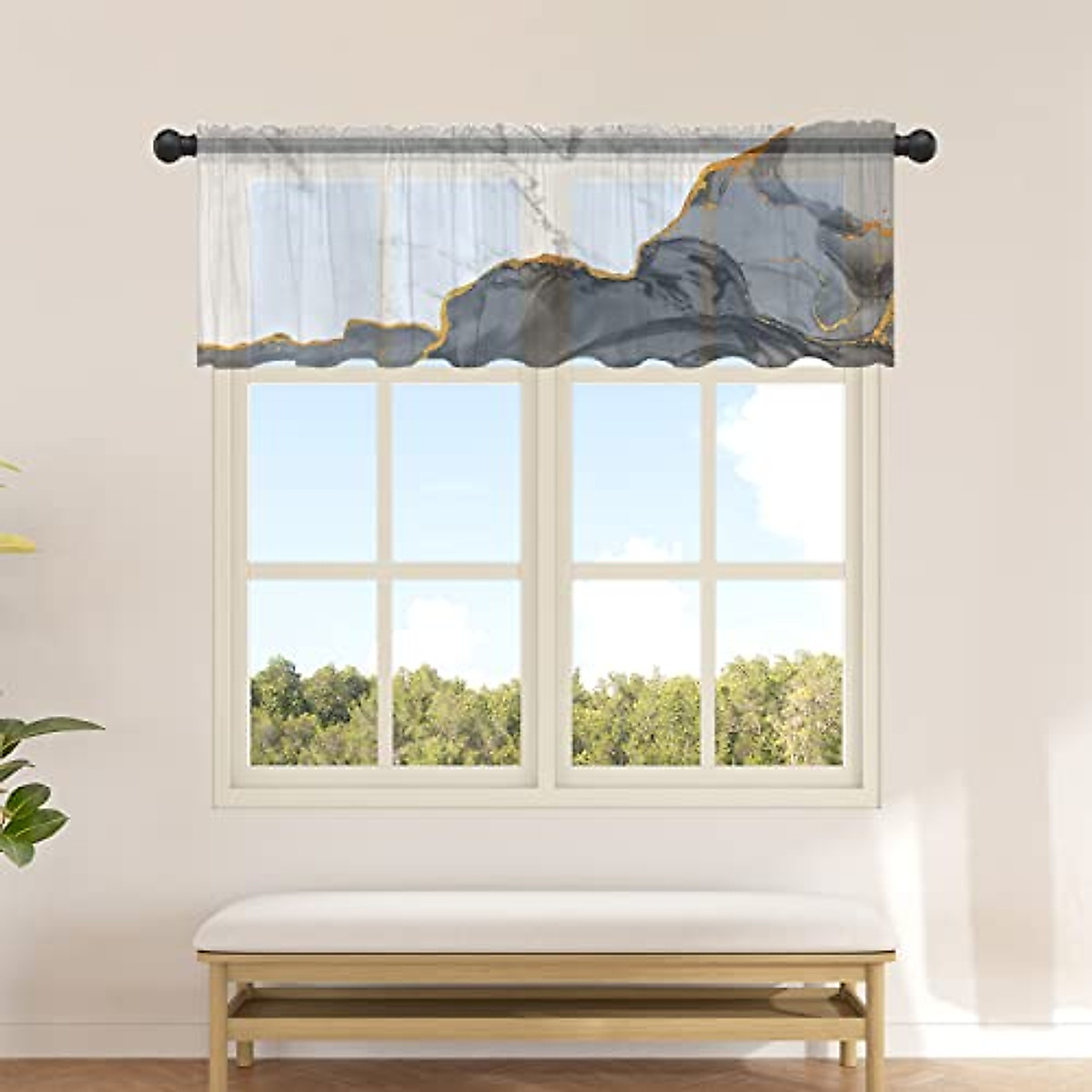 Chiffon Window Valance Kitchen Curtains Grey White Marble Crack,Rod Pocket Tier Curtain Light Filter Panel,Gold Foil Lines Abstract Art Windows Valances Drapes for Bedroom,Bathroom 54x18In