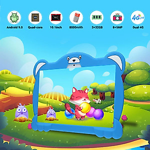 Tablets 10 Inch Android 9.0 Pie Tablet 3GB RAM+32GB ROM/128GB Dual SIM Dual 8MP Camera 8500mAh, 4G/ WiFi, Bluetooth, GPS Unlocked Tablet, IWaWa APP for Kids (Blue)