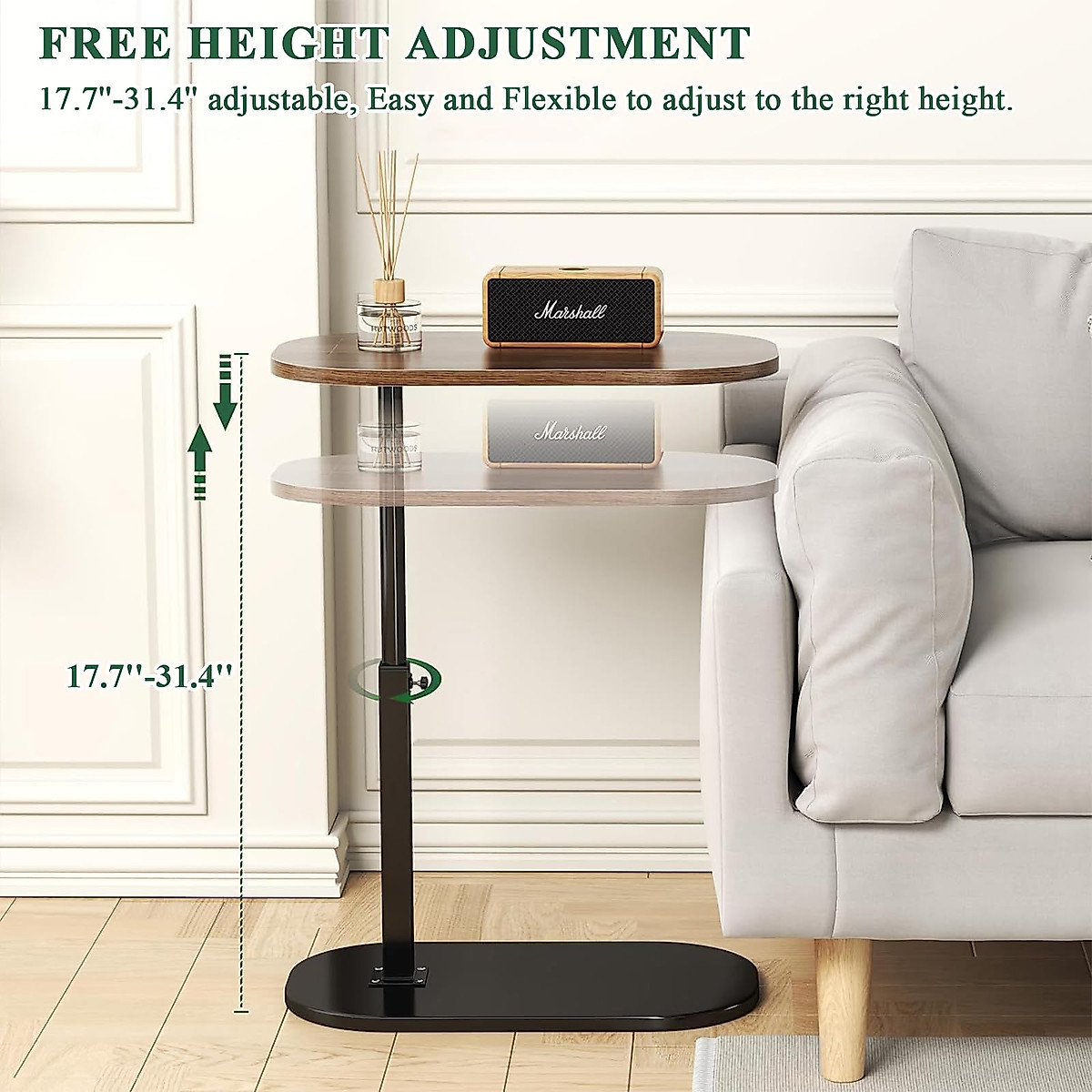 GENDLTHIJ C Shaped End Table for Couch, C Table End Table with Adjustable Height, 360° Swivel Laptop Desk for Livingroom,Bedroom,Study and Small Spaces,Bedside Table (Walnut Wood)