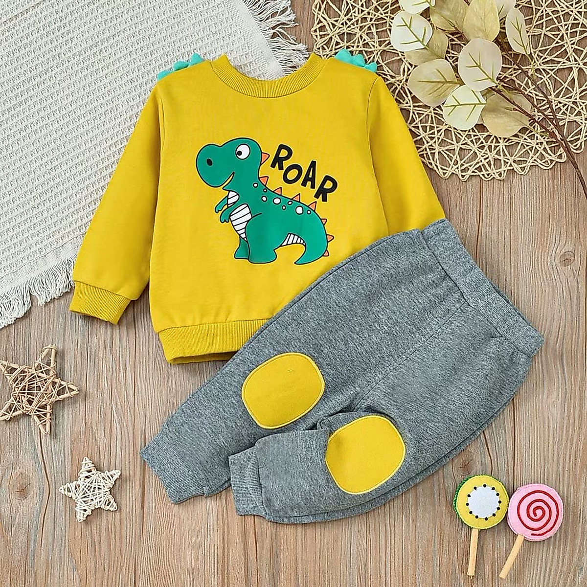 12-18 Months Boy Clothes Toddler Baby Infant Fall Winter Outfits Cute Dinosaur Cartoon Tops+Pants Set,Yellow boys outfit 12-18 months/80cm