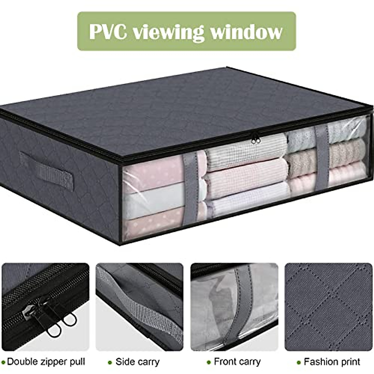 Resszo Under Bed Storage Containers, 100L Large Capacity Underbed Storage Bags Organizer, Foldable Underbed Bags with Clear Window and Reinforced Handles for Blanket, Comforter, Clothes, 2 Pack