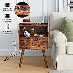 NONGSHIM Nightstand, Side Table with Charging Station, Mid-Century Modern Night Stands, Bedside Table with Storage Drawer and Solid Wood Legs, Accent End Table for Living Room, Bedroom, Rustic Brown