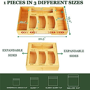 Expandable Ziplock Bag Storage Organizer for Kitchen Drawer, 1 Box 6 Slots Bamboo kitchen Ziplock Bag Organizer and Dispenser Suitable for Gallon, Quart, Sandwich & Snack Variety Size Bag, Cling Film