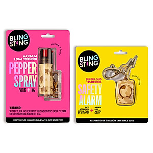 BLINGSTING Self Defense Kit - Professional Grade, Maximum Strength Pepper Spray with UV Marking Dye & Mini Personal Safety Alarm - Sand Camo