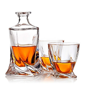 Bezrat Whiskey Glasses and Liquor Decanter set | (2) Crystal Bourbon Glasses with Matching Whiskey Decanter on beautiful wood tray | Glass Has a Sleek Square Twisted Bottom for Easy Handling