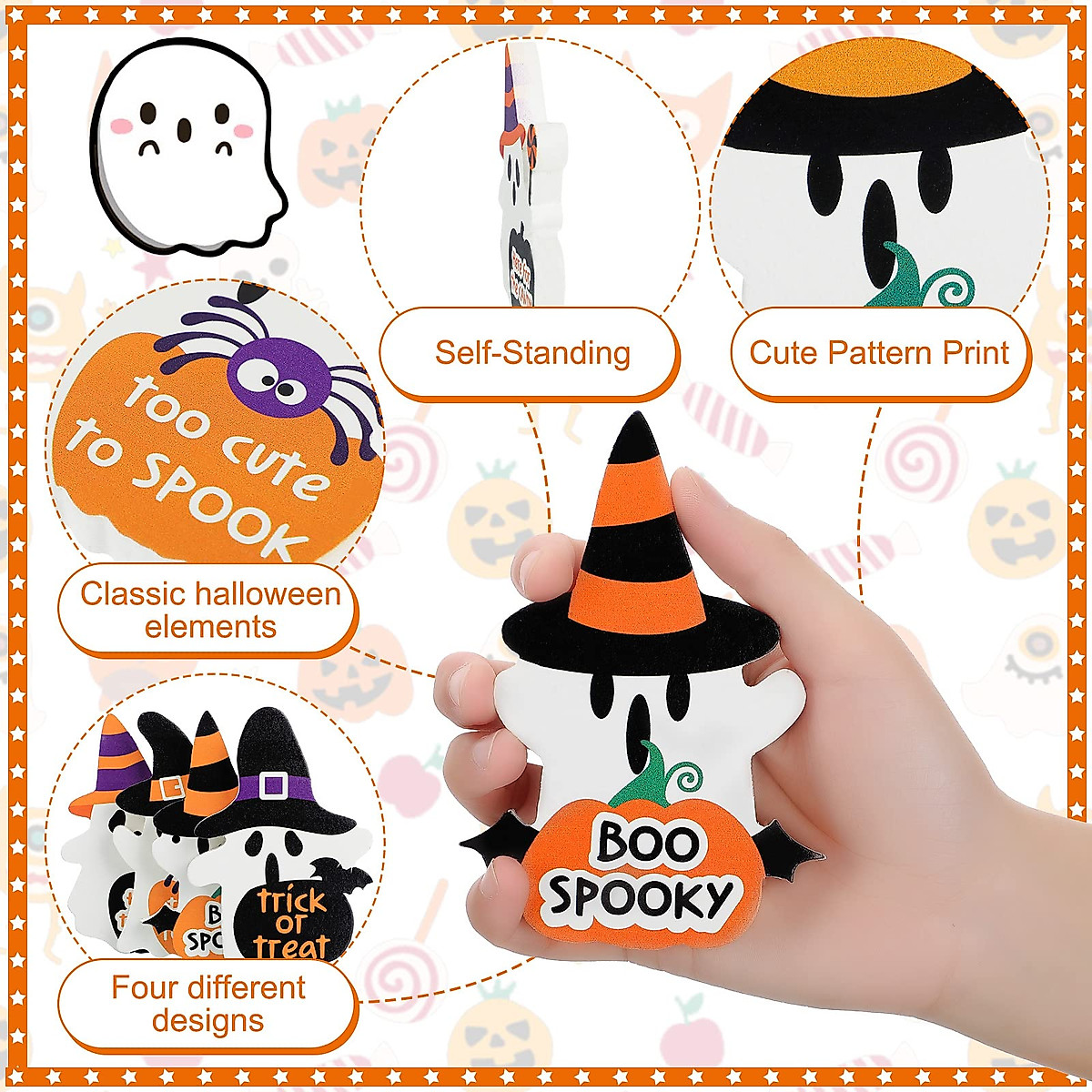 4 Pieces Halloween Ghost Decor Wooden Ghost Theme Table Centerpieces Cute Ghost Decor Trick or Treat Candy Sign Blocks for Home Shelf Party