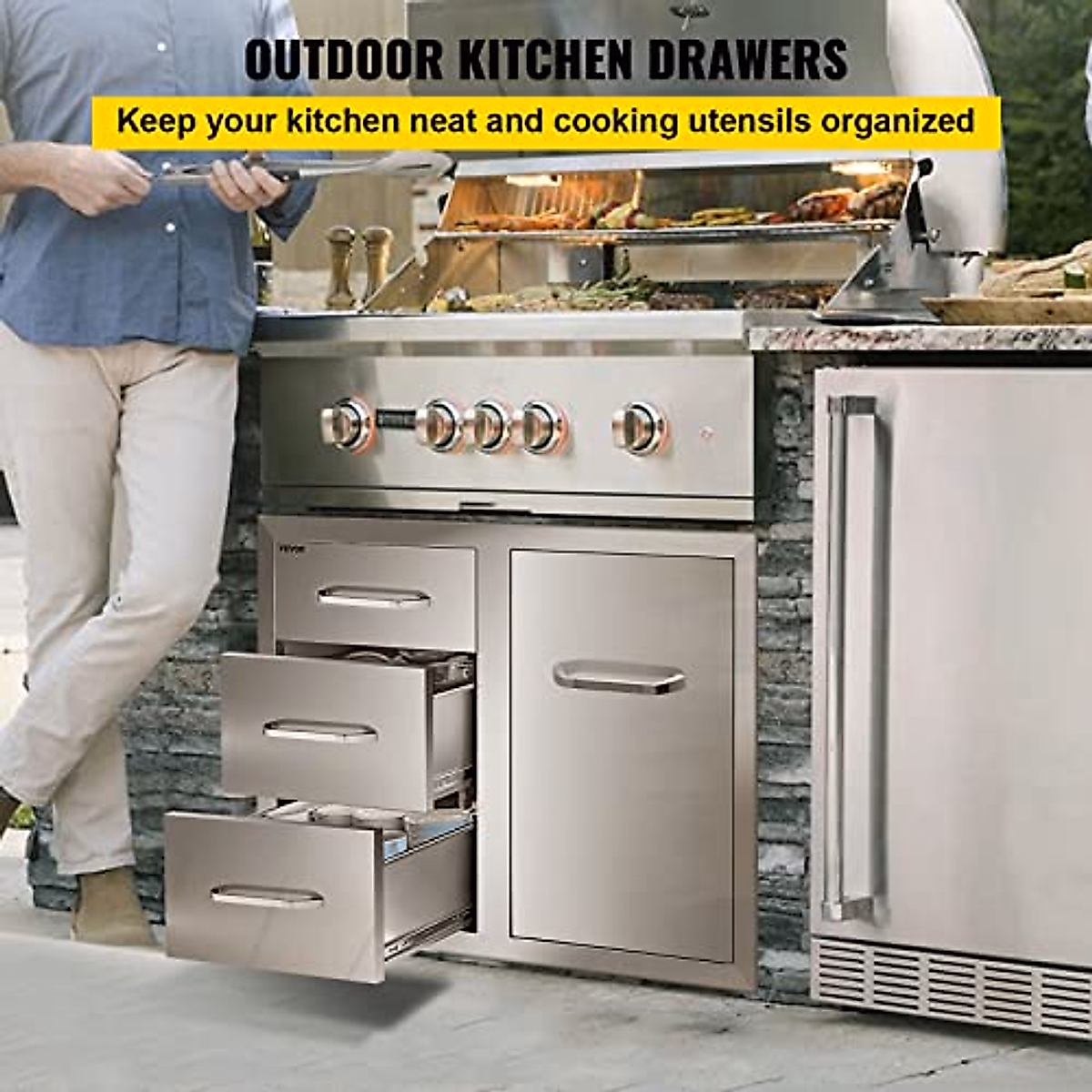 Mophorn Outdoor Kitchen Door Drawer Combo 29.5" W x 22.6" H x 21.7''D, Access Door/Triple Drawers with Propane Drawer and Adjustable Garbage Ring, Perfect for BBQ Island Patio Grill Station