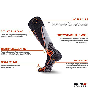 Pure Athlete High Performance Wool Ski Socks - Thermal Warm Merino Wool OTC Sock, Men Women (1 Pair - Black/Grey/Neon Green, Small)