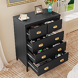 YITAHOME 5 Drawer Dresser, Metal Storage Chest of Drawers, Large Capacity Clothing Storage Organizer with Golden Handles, Tall Dresser for Bedroom, Living Room, Hallway, Entryway, Black