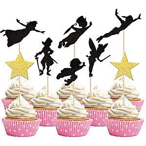 24 PCS Peter Pan Cupcake Toppers Glitter Star Do Not Grow Up Night Fairy Tales Neverland Elf Girl Cupcake Picks for Baby Shower Birthday Party Cake Decorations Supplies Gold Black