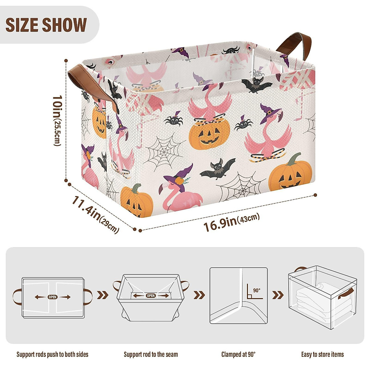 DIGTIA Halloween Flamingo Pumpkin Storage Bins Witch Spider Bat Collapsible Storage Basket with Handles Storage Box Organizer for Clothes Shelves Closet Cabinet Home Office, 1PC