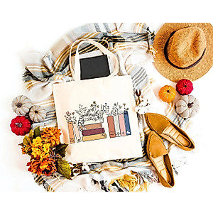 GXVUIS Books Canvas Tote Bag for Women Aesthetic Flowers And Cat GraphicReusable Grocery Shopping Bags Reading Lovers Gift White