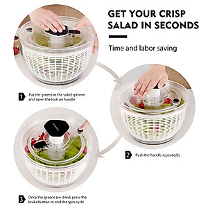 Ourokhome Salad Spinner Lettuce Dryer, One-handed Easy Press Large Vegetable Dryer Salad Mixer with Comfortable and Retractable Pusher and Brake Button for Greens, Herb, Berry, Fruits, 6.3 QT, Black