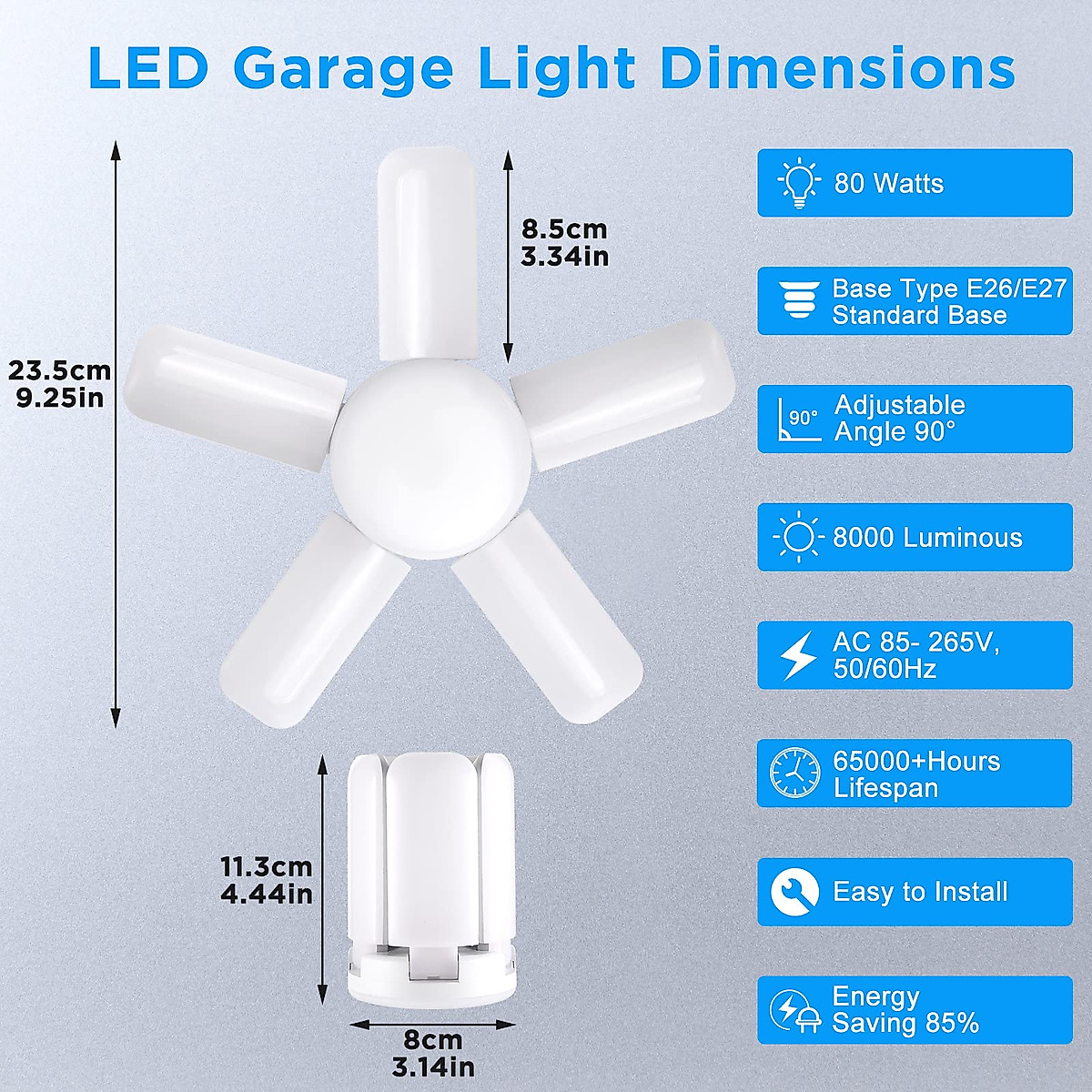 Kofarrten LED Garage Lights, 80W LED Garage Ceiling Lights with 5 Deformable Panels, 8000LM LED Shop Lights for Garage E26/E27 LED Light Bulbs for Garage, Workshop, Warehouse (2 Packs)