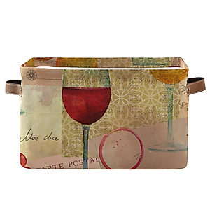 Red Wine Glasses Grapes Vintage Sheet Music Storage Baskets Large Foldable Storage Bin Canvas Toys Box Fabric Decorative Collapsible Organizer Bag with Handles 2 Pcs