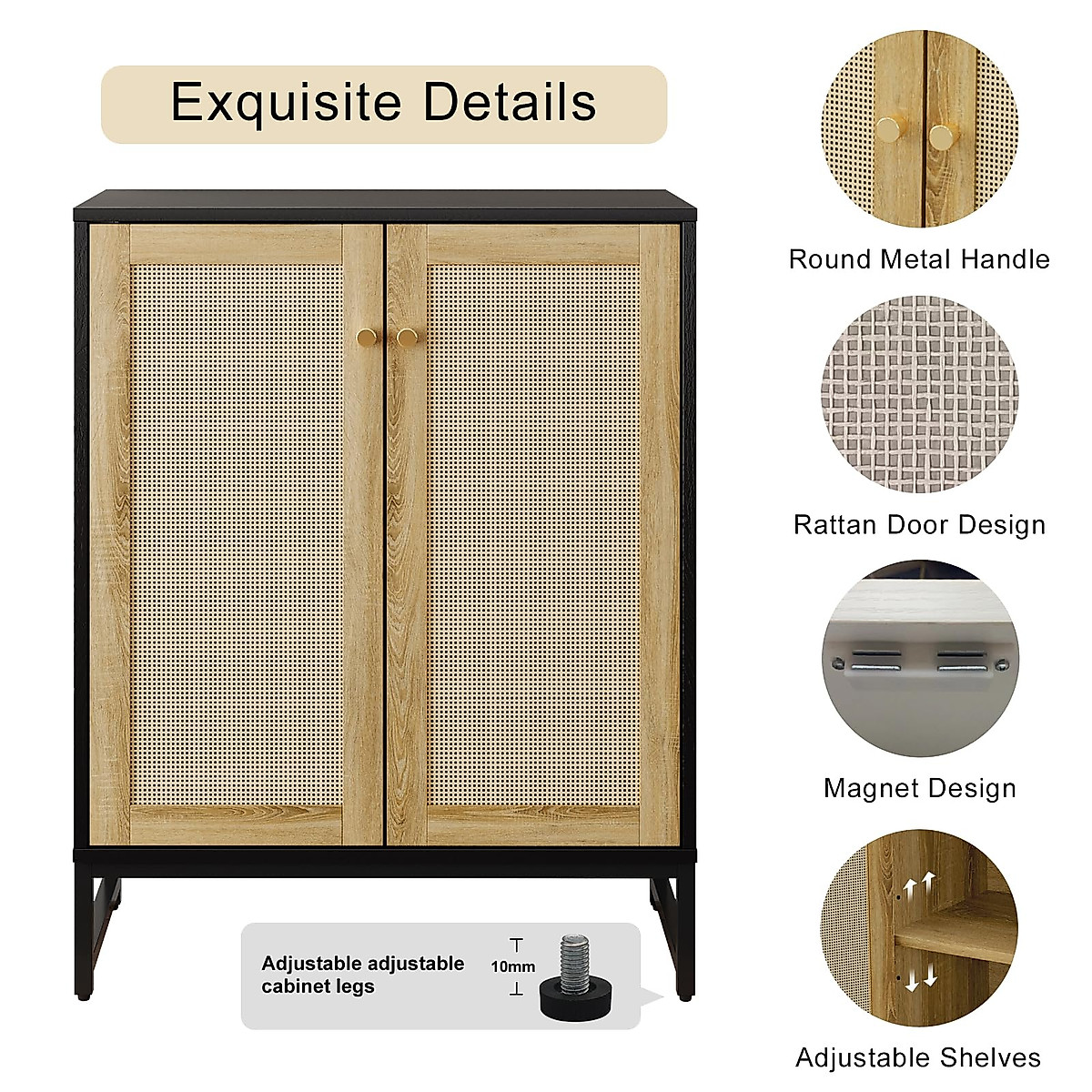 Kopuity Sideboard Buffet Cabinet, Storage Cabinet with Double Rattan Doors, Modern Rattan Sideboard Cabinet, Kitchen Storage Cabinet with Metal Feet, for Entryway, Bedroom, Living Room (Black)