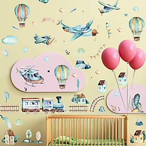 RW-KSY2 Green Airplane Hot Air Balloons Wall Decals House Tree Train Road Wall Stickers DIY Removable Countryside View Mountain Stars Cloud Decor for Kids Teens Bedroom Living Room Nursery Decoration