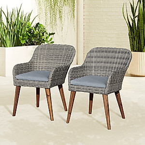 Soleil Jardin Patio Dining Chairs Set of 2 with Wood Legs, Outdoor Rattan Wicker Chairs with Seat Cushions for Lawn, Deck, Porch, Balcony, Backyard and Garden, Grey