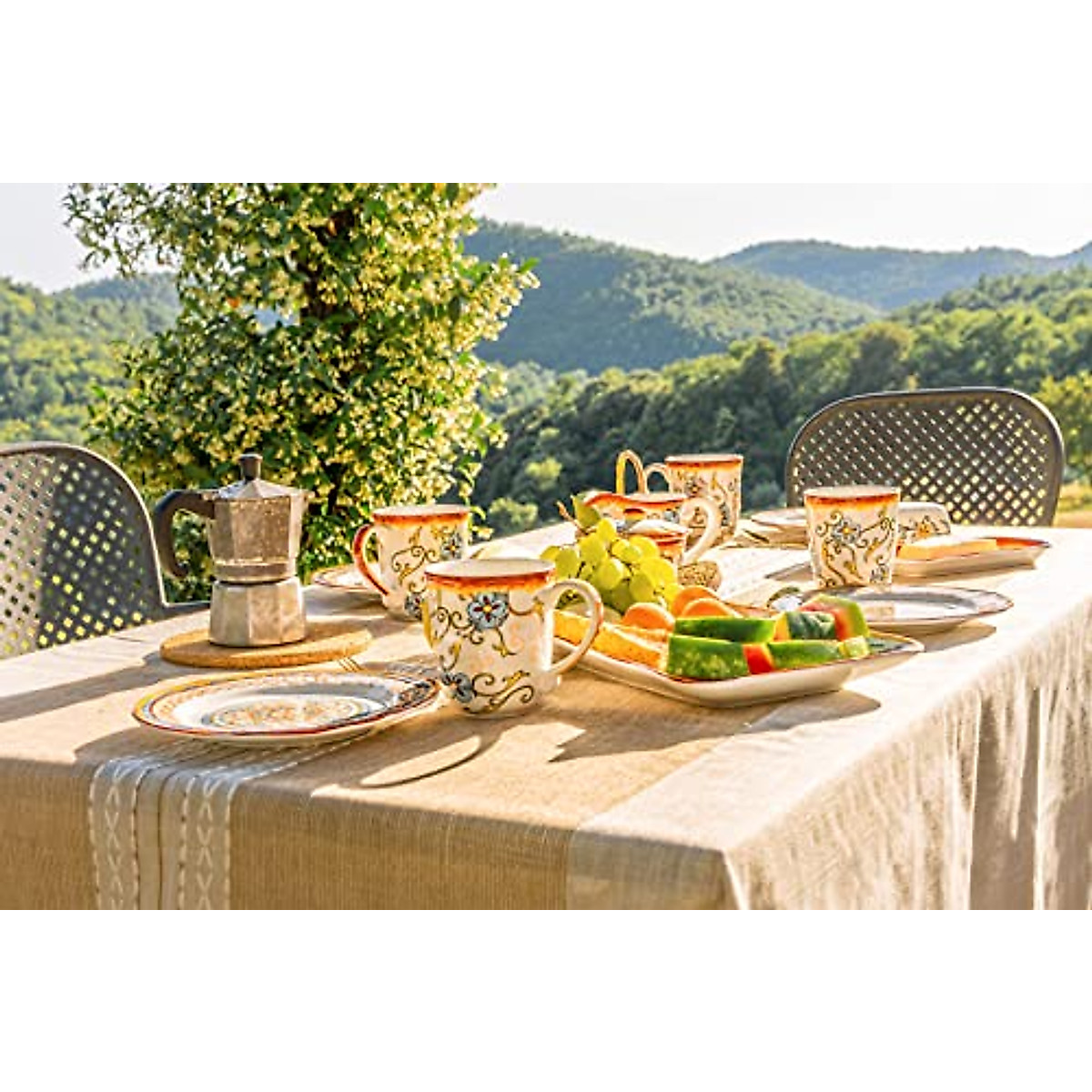 Euro Ceramica Duomo Collection Italian-Inspired 16.8" Rectuangular Ceramic Serving Tray with Organic Edges, Floral Design, Multicolor