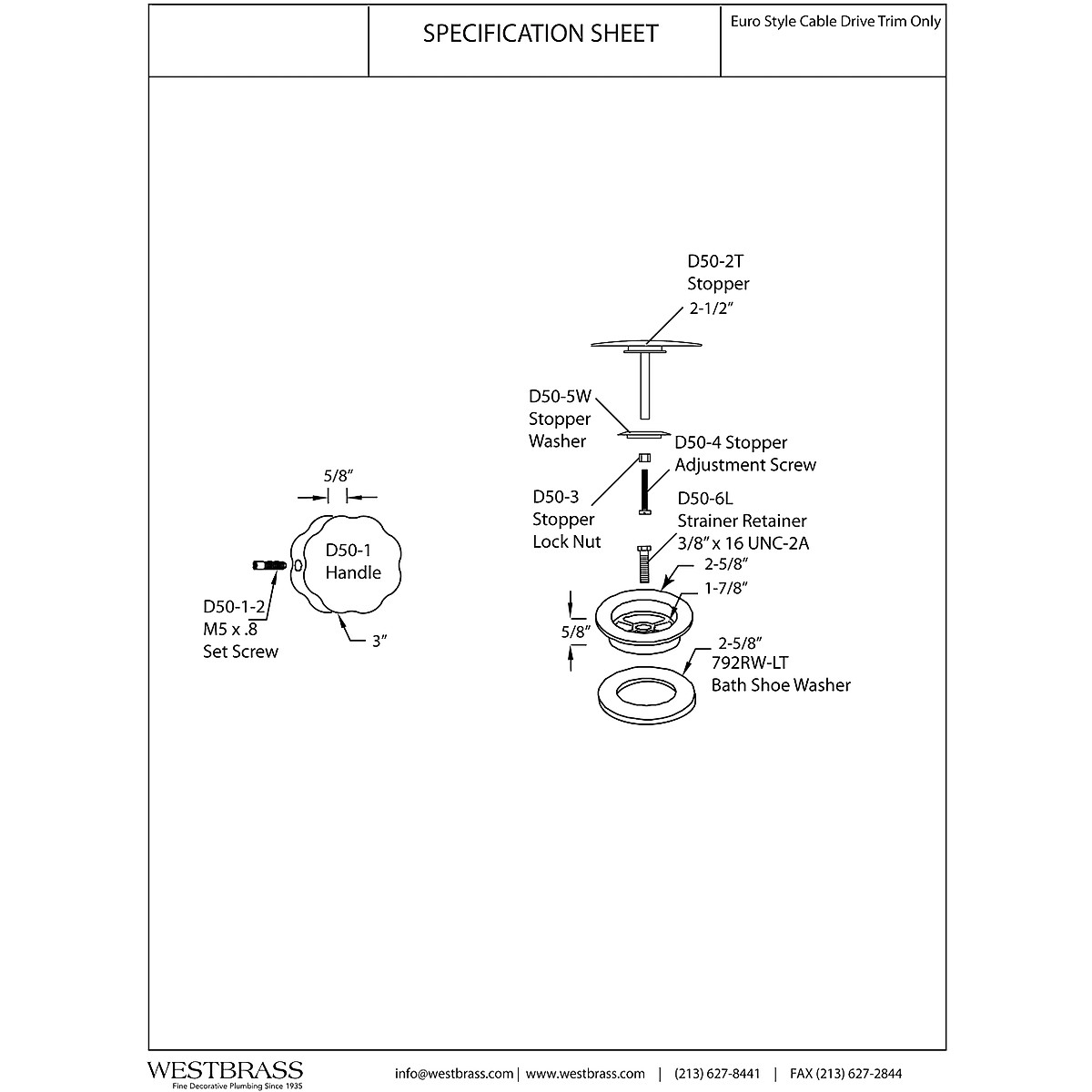 Westbrass A50TE-62 Standard 1-1/2" Replacement Trim for Cable Drive Bath Drain Waste & Overflow Assemblies, 1-Pack, Matte Black