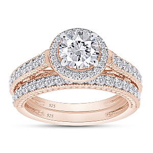 SAVEARTH DIAMONDS 1 1/4 Carat Round Cut Lab Created Moissanite Diamond Halo Bridal Set Engagement Ring In 14k Rose Gold Plated 925 Sterling Silver (G-H Color, 1.25 Cttw) Ring Size-8