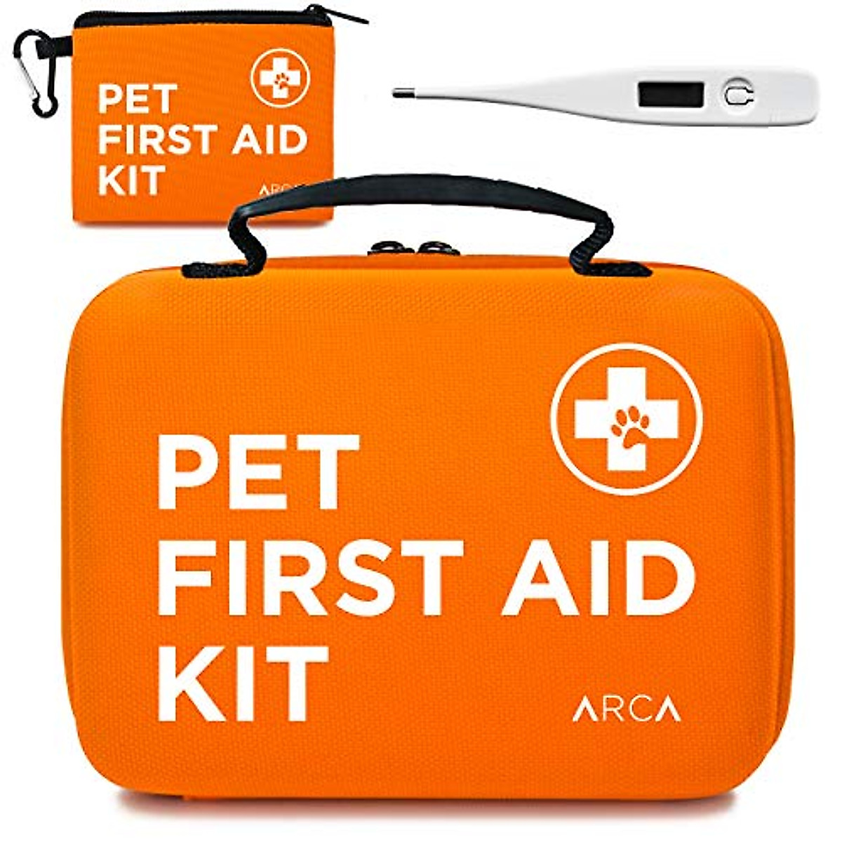 ARCA PET Cat & Dog First Aid Kit Home Office Travel Car Emergency Kit Pet Travel Kit – 100 Pieces with Emergency Collar and Pet Thermometer & Mini Pouch (Neon Orange)