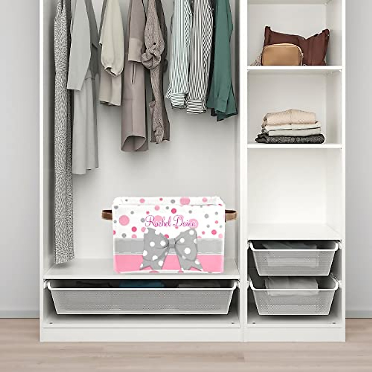 Polka Dots Bow Pink Personalized Storage Bins Basket Cubic Organizer with Durable Handle for Shelves Wardrobe Nursery Toy 1 Pack