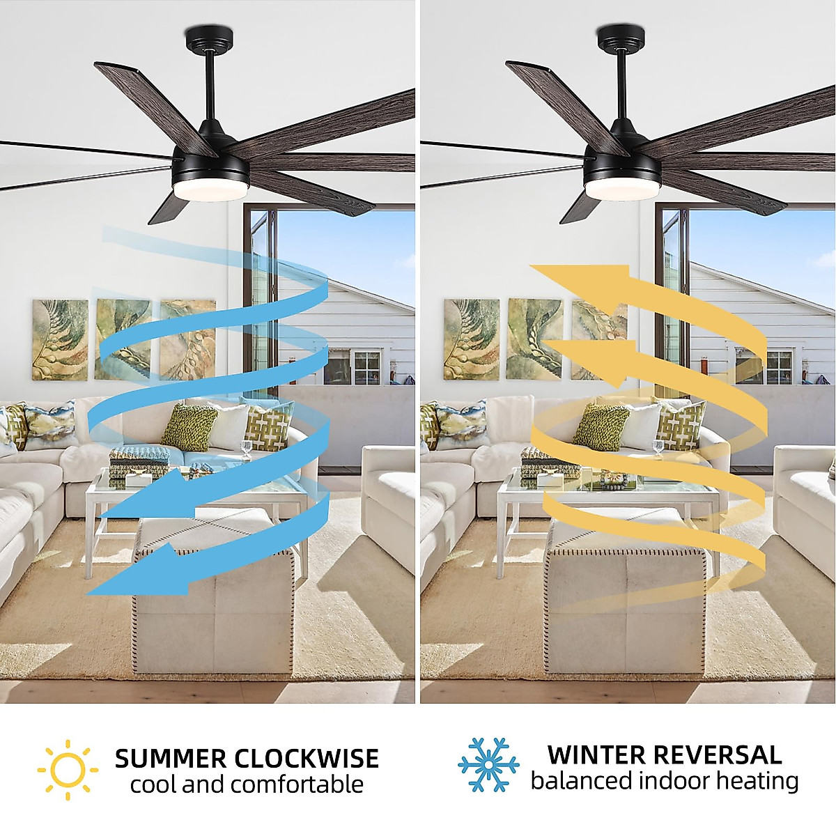 Viossn 62 Inch Outdoor Ceiling Fan with Lights, 7 Reversible Blades, Dimmable, Black with 6" & 12" Downrods for Bedroom, Living Room, Patio