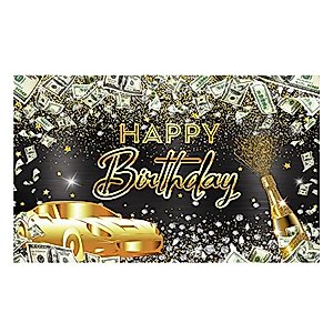 Funnytree Money Birthday Backdrop Dollar Bill Diamond Bday Party Black and Gold Car Champagne Background Supplies Banner Cake Table Decor Props Gifts Photobooth