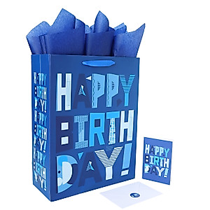 16.5” Extra Large Blue Gift Bags Set with Greeting Card and Tissue Papers (Blue Happy Birthday) for Men's Birthday Party, Kids' Parties, Baby Shower, or Baby Boy - 16.5”x5.5”x12.6”, 1 Pcs