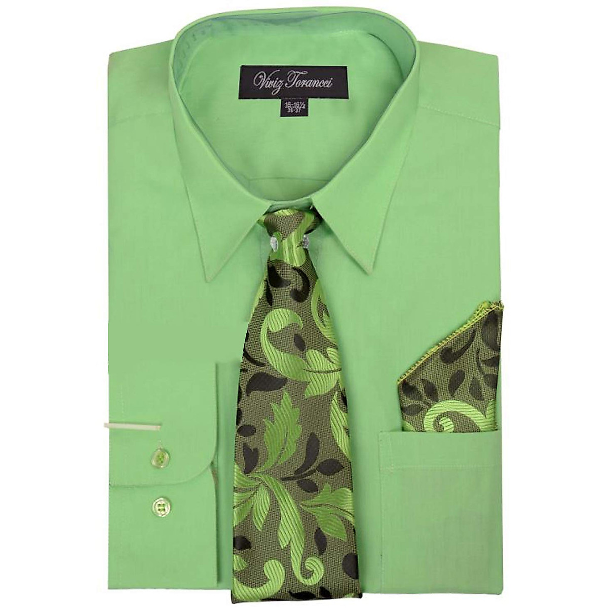 Viviz Forancci Men's Long Sleeve Pointed Collar Dress Shirt with Matching Tie and Handkie AC101, Applegreen, 18"-18.5" Neck 34"-35" Sleeve