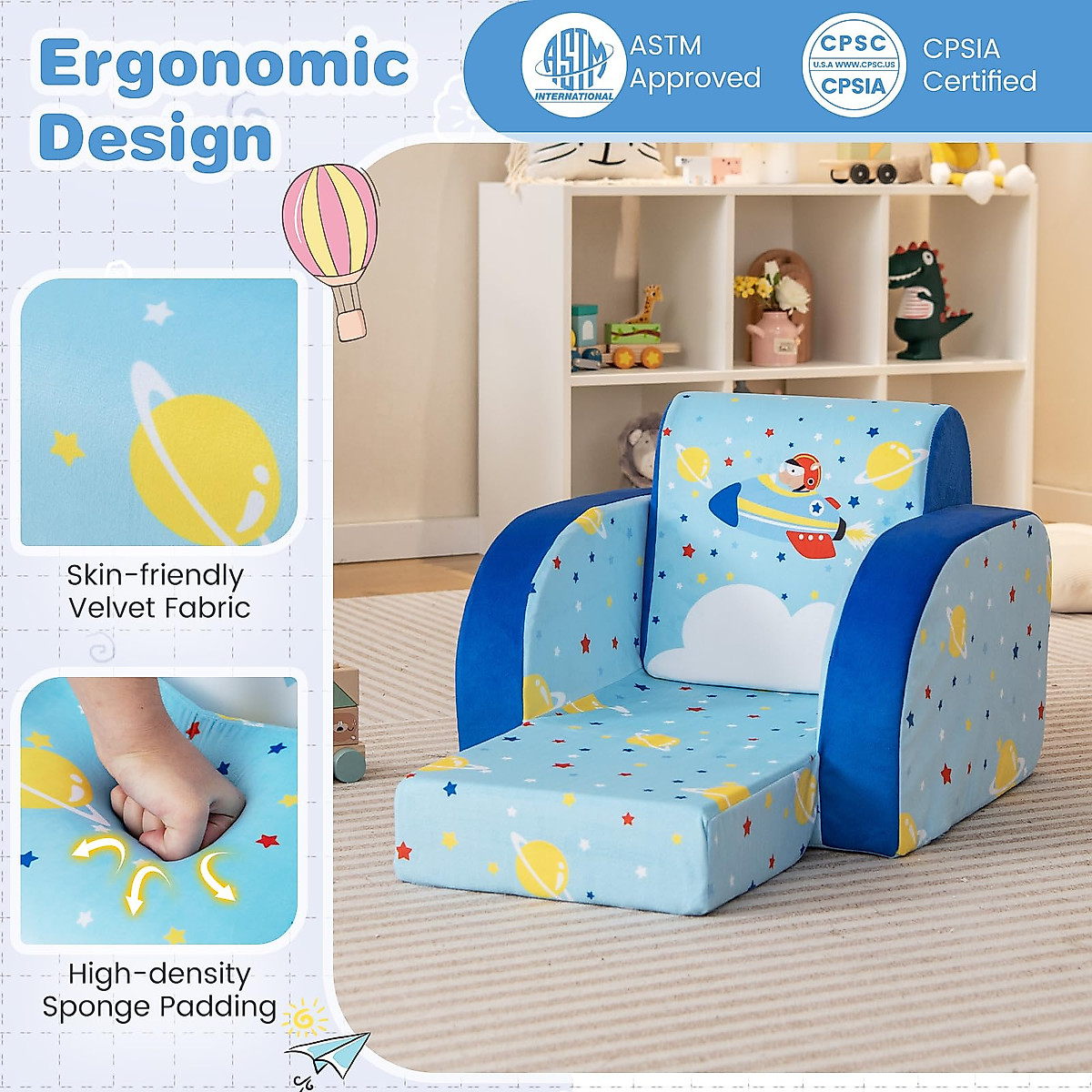 Costzon Kids Couch, 3 in 1 Convertible Flip Open Children's Sofa w/Foam-Padded Seat, Toddler Armrest Chair Bed for Nap, Fold Out Lounger Kids Sofa, Gift for Children Boys Girls (Space Airplane)