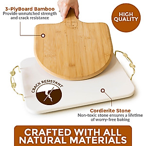 Hearth & Leaf Cordierite Pizza Stone for Oven and Grill. Including Bamboo Pizza Peel, Pizza Cutter & Gold Detachable Serving Handles - Kitchen Accessories - Baking Supplies -15 inch Large Stone