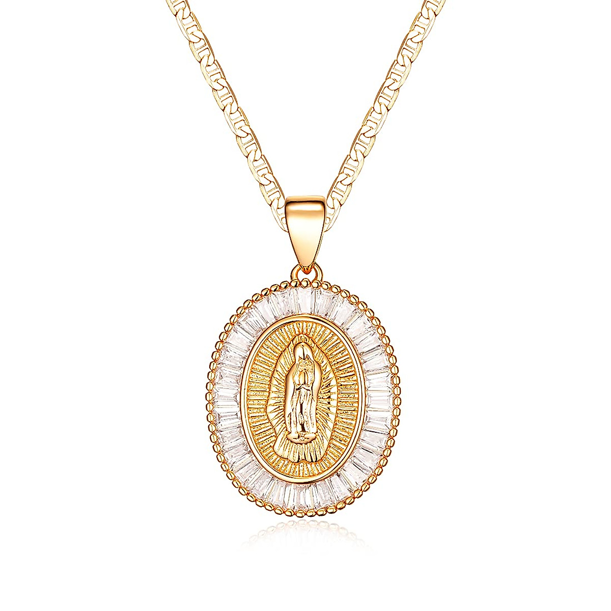 Barzel 18K Gold Plated Flat Mariner/Marina 060 3MM Chain Necklace With Cubic Zirconia Virgin Mary Guadalupe Charm Pendant (20)