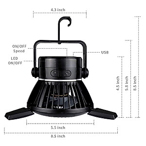 Misby Portable LED Camping Lantern with Ceiling Fan - Outdoor Tent Fan with Hook, Rechargeable Personal Desk Fan and Power Bank, 180° Quiet Battery Operated USB Table Fan for Fishing, Home, Office