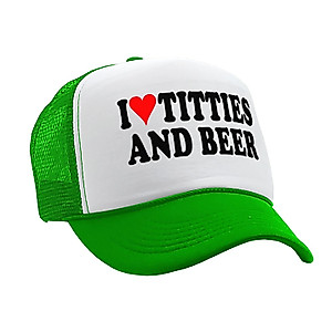 I Heart Titties and Beer - Love Funny Gag - Vintage Retro Style Trucker Cap Hat (Neon Green)