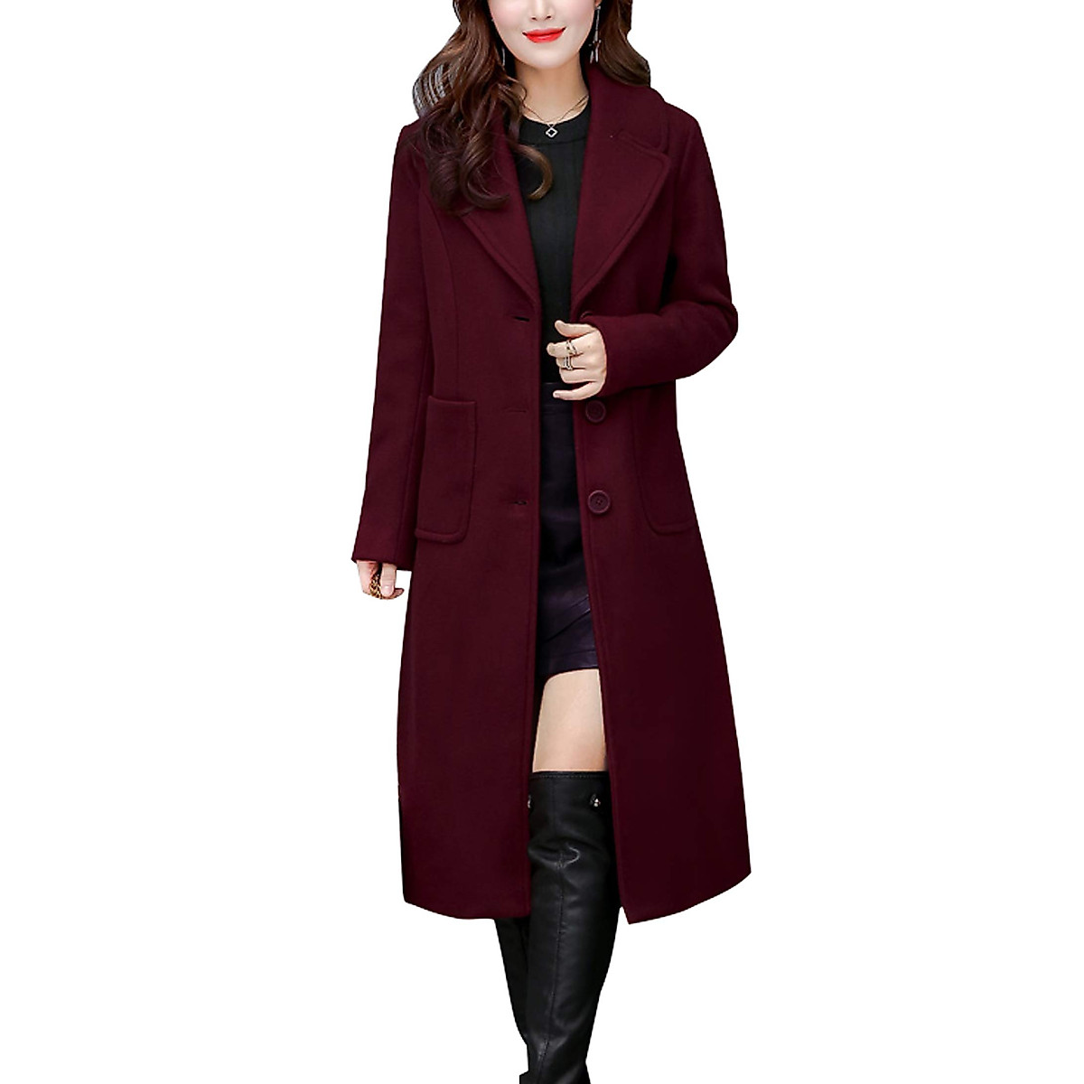 chouyatou Women's Big Notch Lapel Single Breasted Mid-Long Wool Blend Coat (Large, Wine Red)