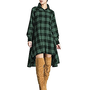 olrain Womens Plaids V Neck Long Sleeve Irregular Hem Casual Shirt Dress (Large, Green)