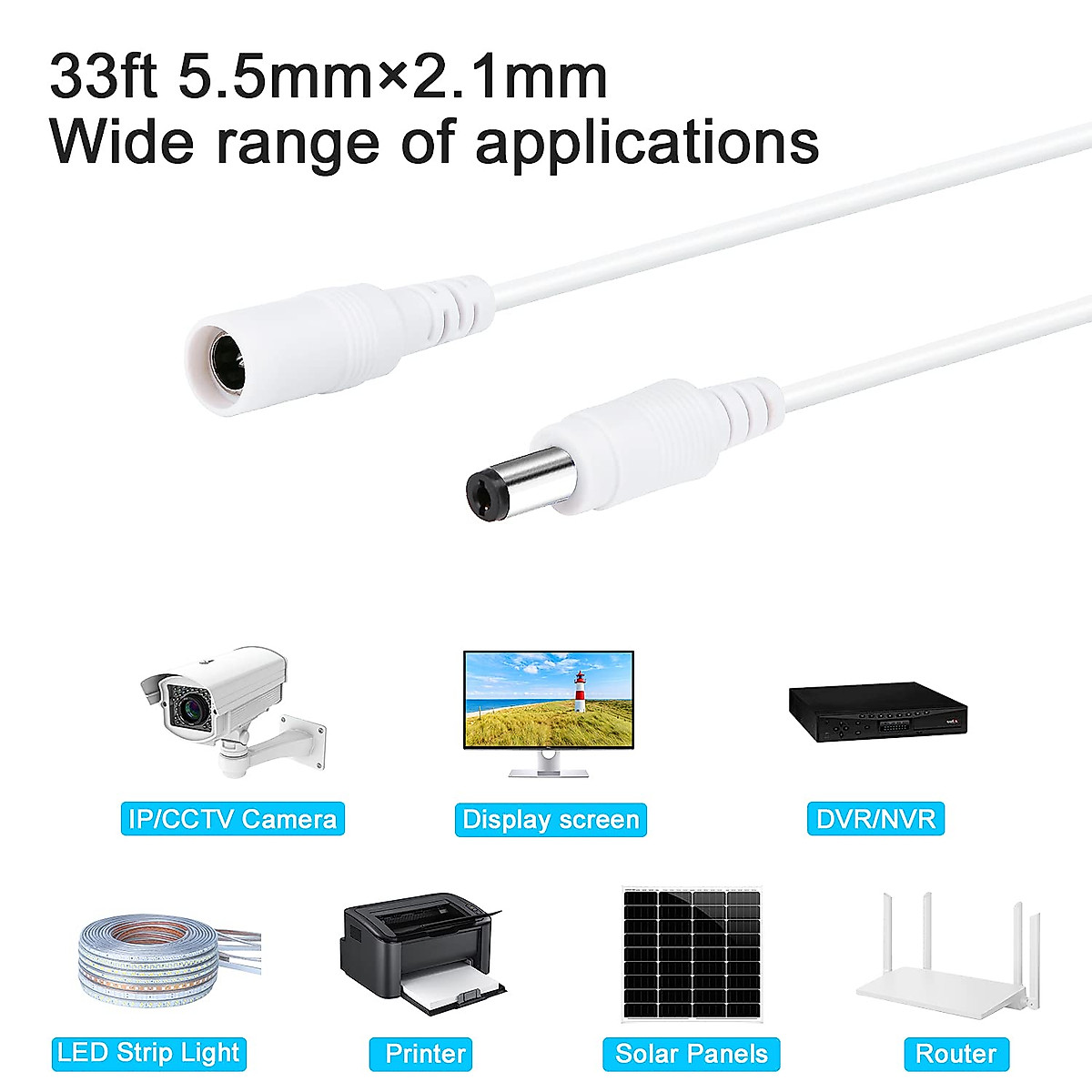 WILDHD DC Power Extension Cable 33ft 2.1mm x 5.5mm Compatible with 12v Power Adapter Extension Cable for CCTV Security Camera IP WiFi Camera Standalone DVR (33ft,5.5mm Plug, White)