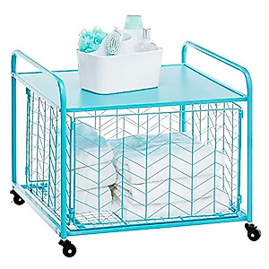 mDesign Small Portable Mini Fridge Storage Cart with Wheels and Handles - Mobile Refrigerator, Microwave, Appliance Platform Table with Drawer Basket for Dorm Room, Studio, Apartments - Ocean Blue
