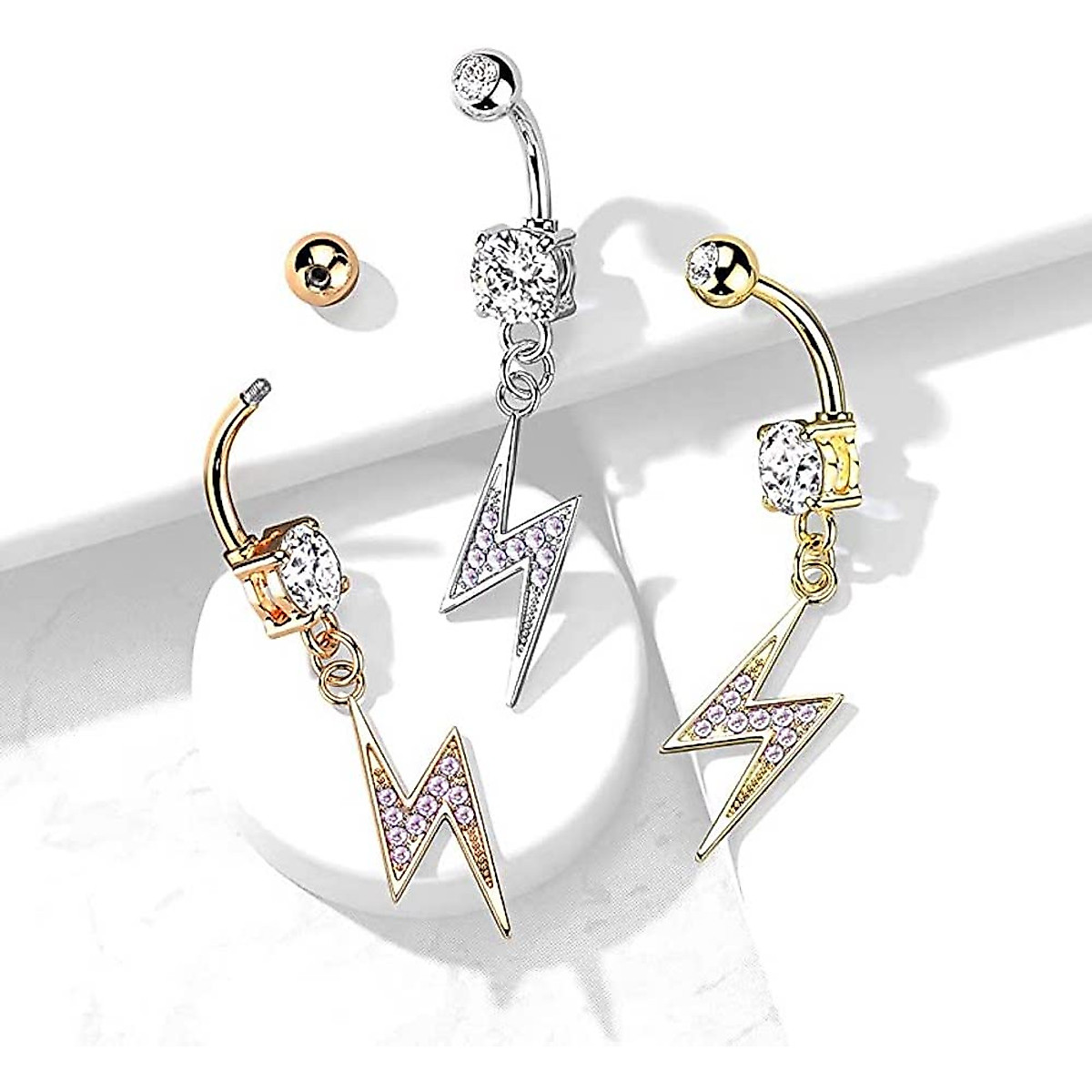 Lightning Bolt Paved with AB CZ Dangle 316L Surgical Steel Jeweled Belly Button Ring (Rose Gold)