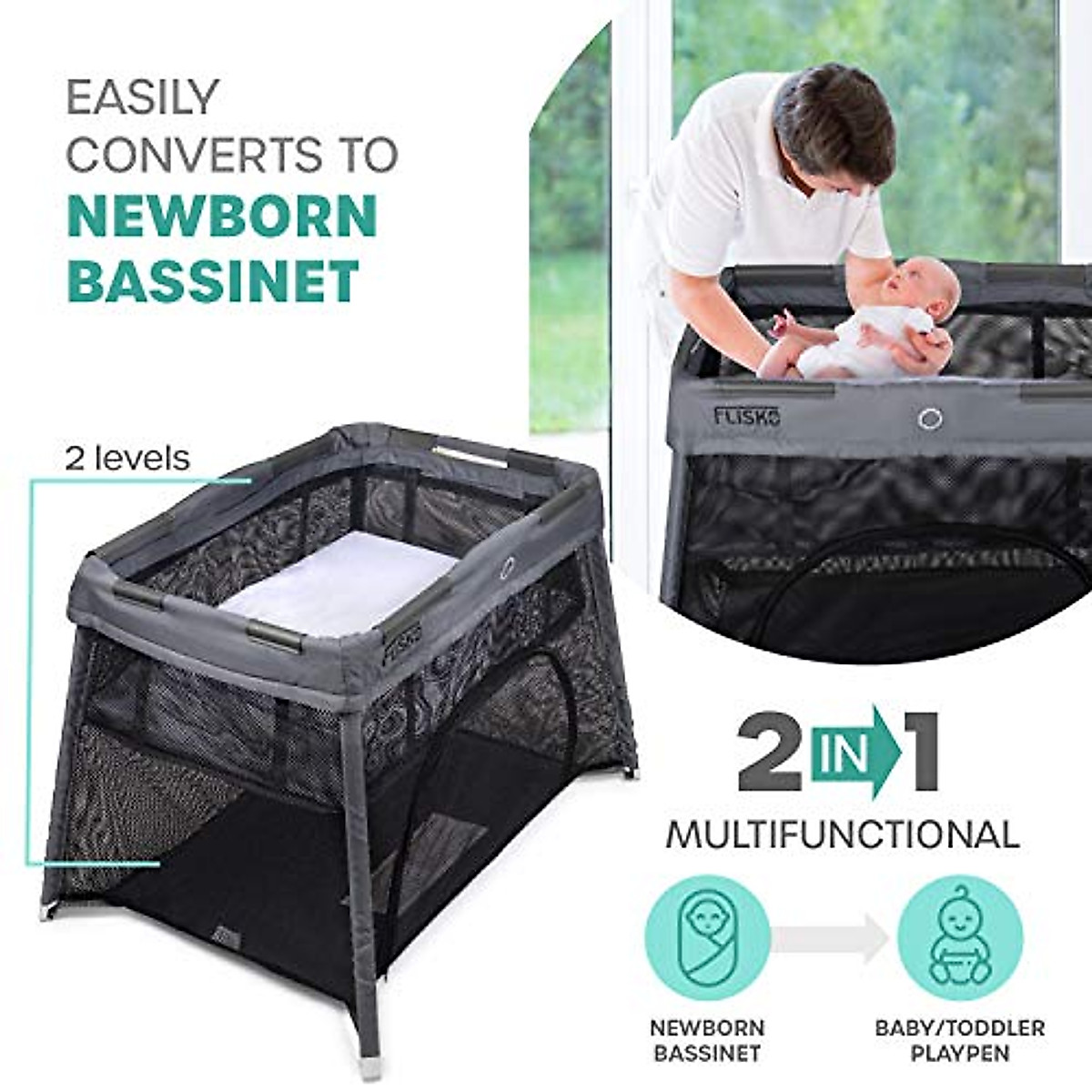 2 in 1 Travel Crib & Bassinet – Lightweight, Pack Play-Yard for Infants & Toddlers. Simple Assembly & Easily Collapsible. Portable Crib, Baby Bed. Mattress & Fitted Sheet Included