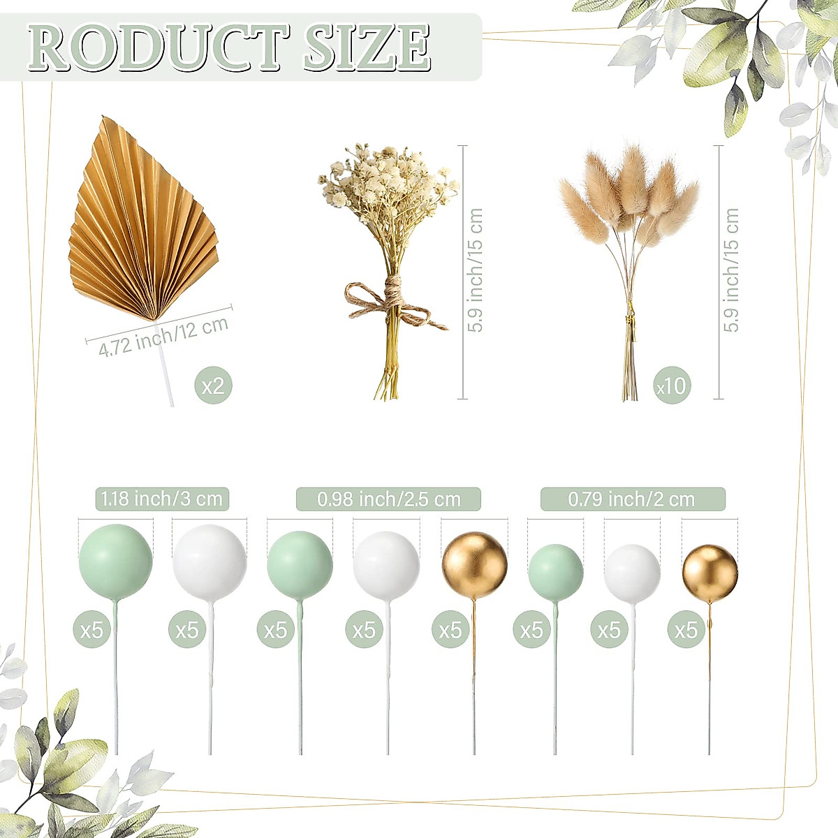 53 Pcs Boho Cake Topper Mini Balls Cake Toppers Foam Balloon Cake Toppers Palm Leaves Artificial Dried Flower Cake Toppers for Baby Shower Birthday Wedding Cake Decoration (Gold)