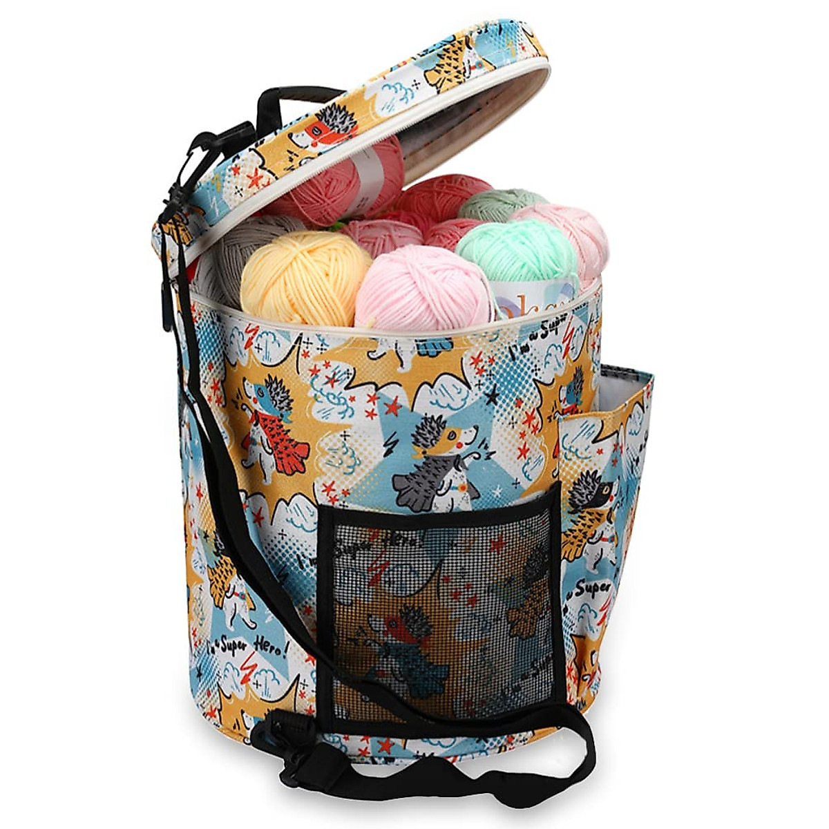 Knitting Bag Yarn Storage Tote Organizer with Shoulder Strap Handles Portable DIY Tool Bucket Round Container for Knitting Needles Crochet Hooks Accessories