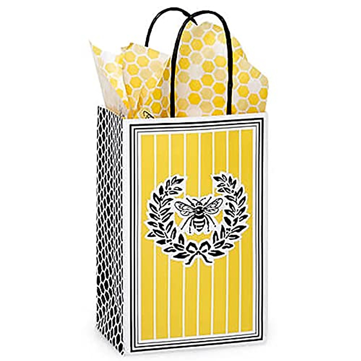 HOME & HOOPLA Queen Bee Yellow and Black Honeycomb Paper Gift Bags and Party Favor Bags, 5.25"x3.5"x8.25" (12 Pack)