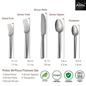 Alata Potter 20-Piece Forged Silverware Set, Service for 4 – Premium Stainless Steel Flatware Set, Modern Design with Satin Finish, Ideal for Home, Kitchen, Party, Camping