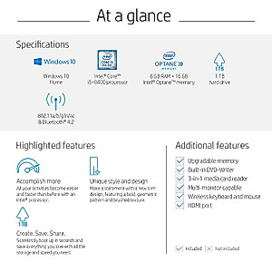 HP Pavilion (590-p0050) Desktop Computer with Intel Core i5+8400 Processor, 8GB RAM and 16 GB Intel Optane Memory, 1TB Hard Drive, Windows 10 (Silver)