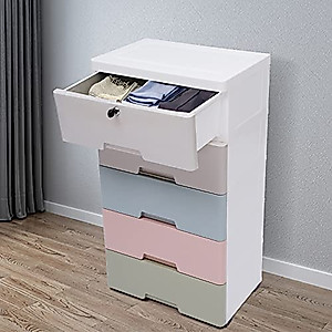 WOQLIBE Plastic Dresser 5 Drawers,Plastic Drawers Dresser 5 Drawers Storage Cart Organizer with Wheels,Storage Cabinet Drawers Organizer for Clothes/Toys Bedroom Playroom,1 Locker,Colorful
